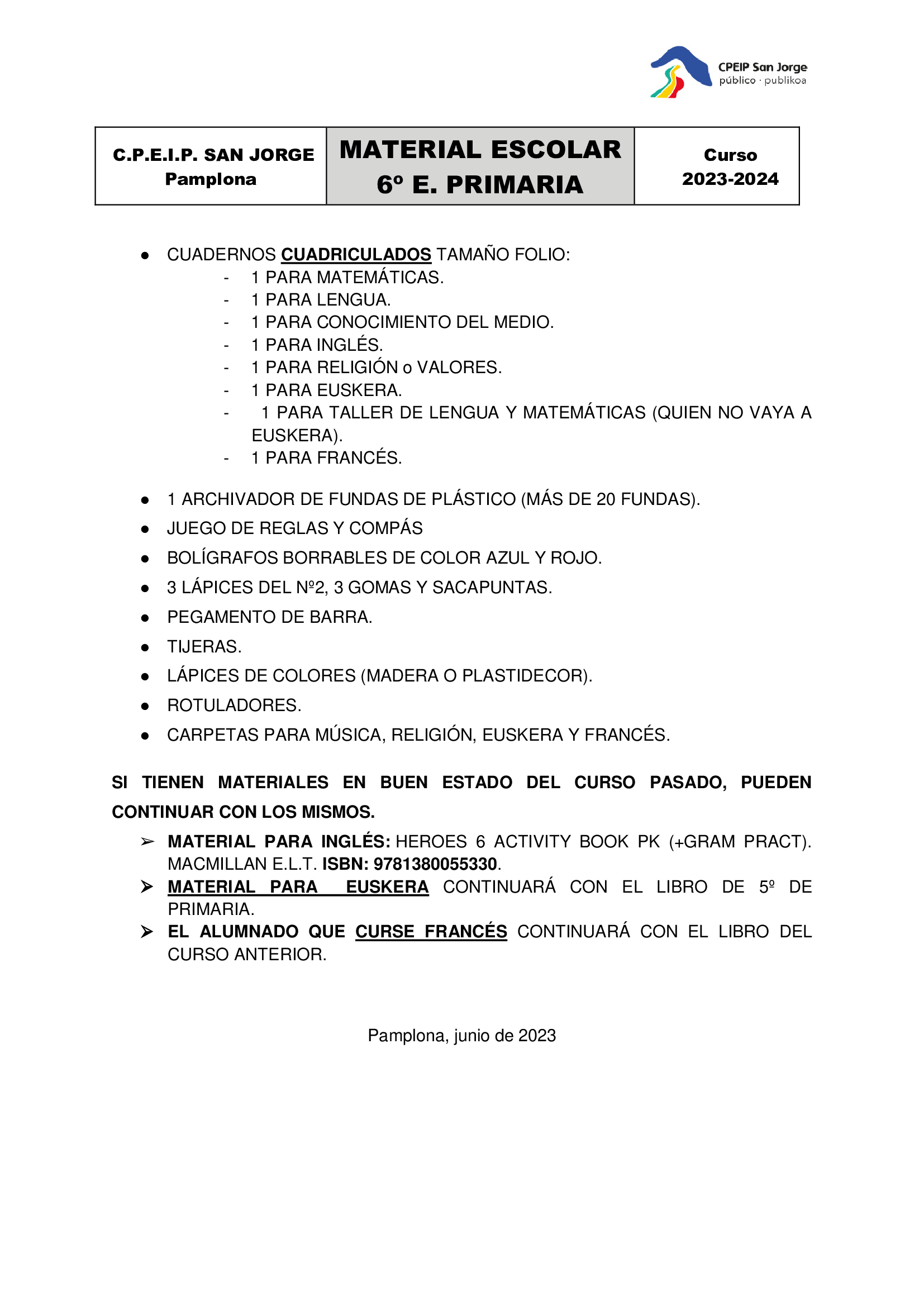 Materiales para 6º Educación Primaria | CPEIP San Jorge